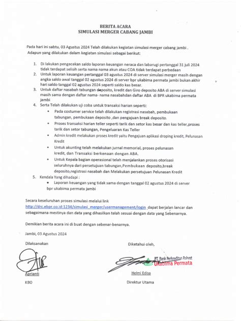 Berita Acara Simulasi Merger Cabang Jambi Pt Bpr Ukabima Permata Pdf