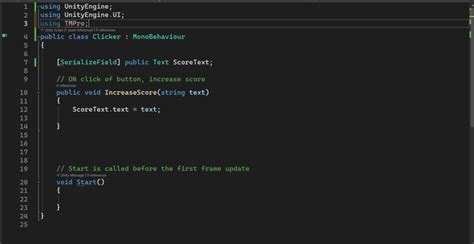unity script trying to create a button to increase text but tmpro is