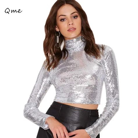 Punk Rock Crop Tops Sequin Tees Shirt Femme Sexy Nightclub Tops Women