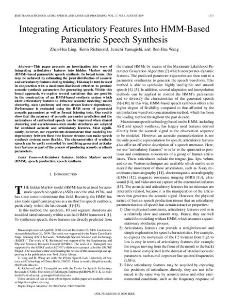Pdf Integrating Articulatory Features Into Hmm Based Parametric