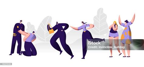 직장에서 경찰 경찰관은 범죄자의 손에 수 갑을 퍼 팅 체포 도둑을 잡기 여자 캐릭터 피해자에서 범죄 훔쳐 가방 증인 외침 도움 만화 평면 벡터 일러스트 Criminal