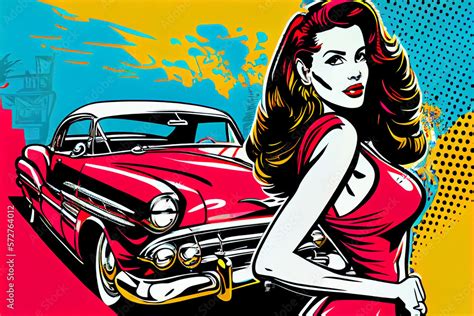 Portrait Von Sexy Pin Up Girl Mit Einem Oldtimer Im Bunten Pop Art