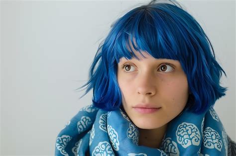 Thoughtful Woman With Blue Hair And Scarf Premium Ai Generated Image