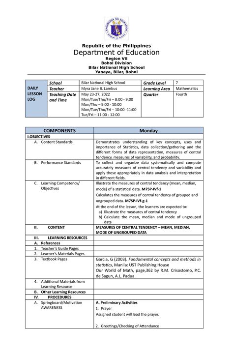 Week 5 Math7 Cot Lesson Plan Republic Of The Philippines Department