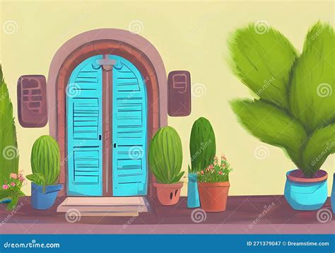 Illustration Of A Yellow European House With Large Blue Arched Door And