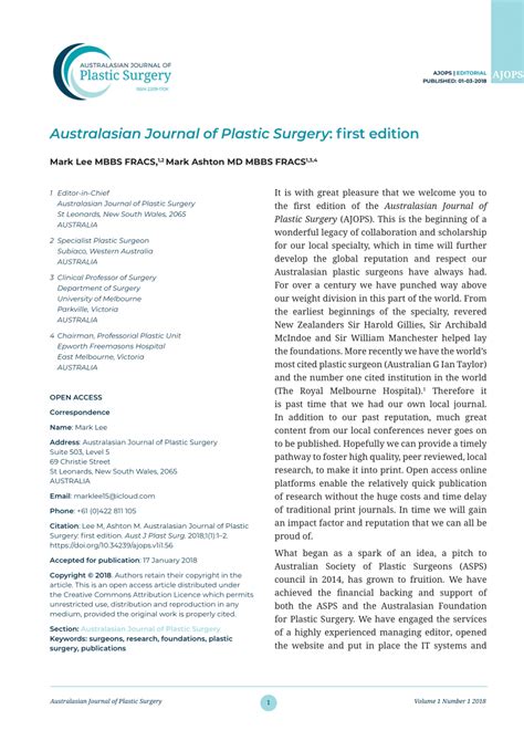 Pdf Australasian Journal Of Plastic Surgery First Edition