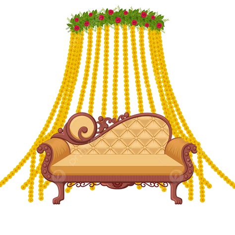 Sofa With Flower Decotaion For Haldi Function Golden Sofa Marigold Wedding Png And Vector