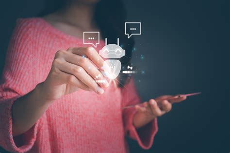 기술 스마트 로봇 Ai 무언가를 생성하기 위한 명령 프롬프트를 입력하여 인공 지능 Ai와의 챗봇 채팅 미래 인공 지능 기술 변환을 사용하는 여성 챗봇에 대한 스톡 사진 및