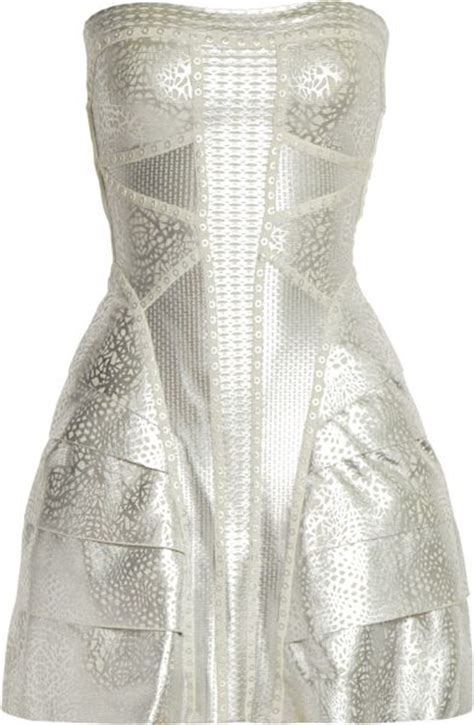 Hervé Léger Faux Leather Bandage Dress In Silver Lyst
