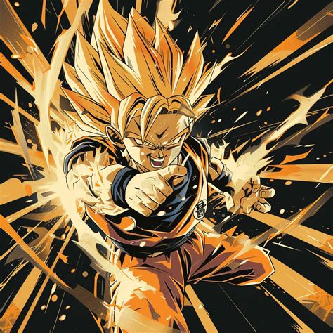 슈퍼 사이어인 손오공의 액션 자세 에너지 넘치는 분위기