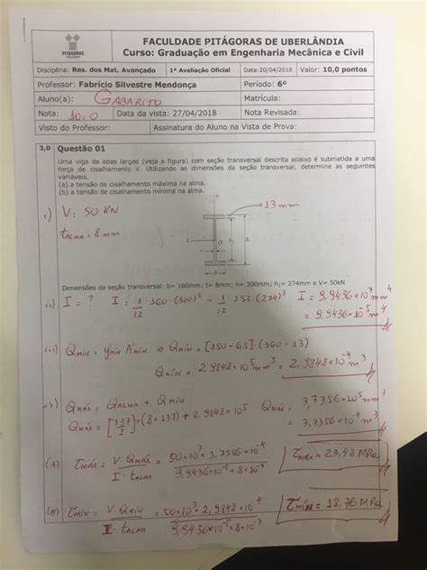 Prova Resistência Dos Materiais Avançados Resolvida Resistência Dos
