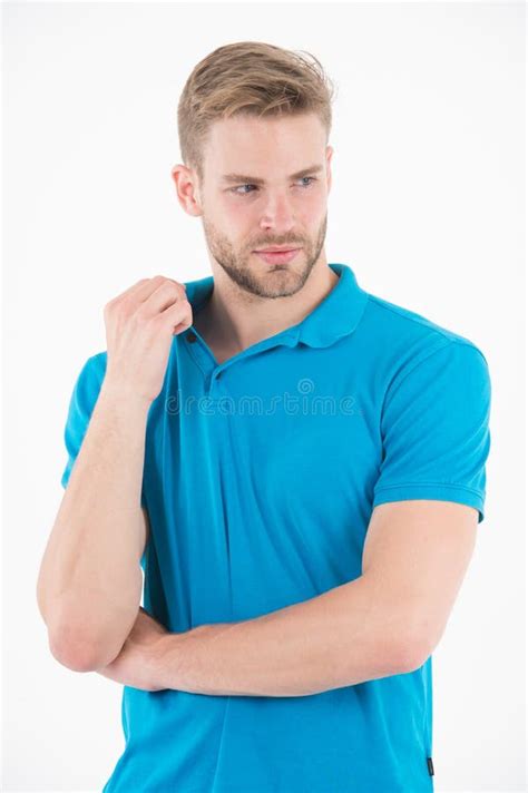 Hombre Barbudo En Camiseta Azul Hombre Con La Barba En Piel Sin Afeitar De La Cara Modelo De