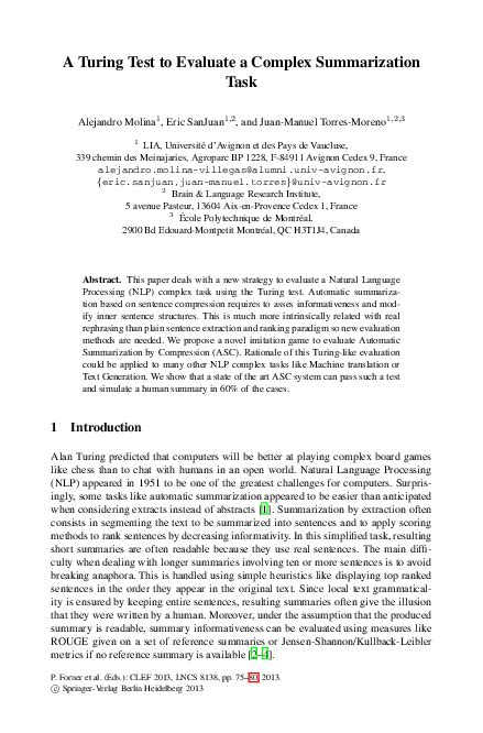 Pdf A Turing Test To Evaluate A Complex Summarization Task