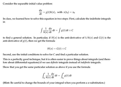 Solved Consider The Separable Initial Value Problem Dx Dt Gthx