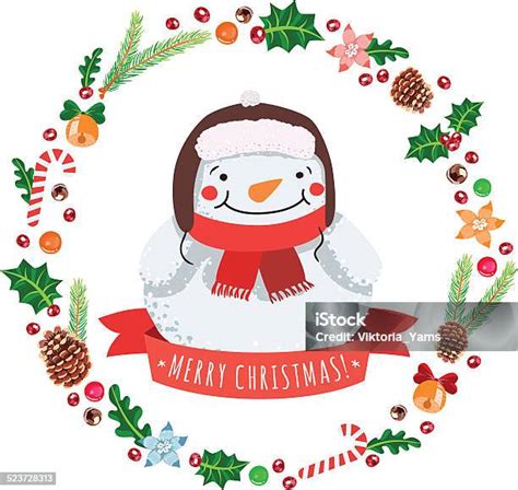 สุขสันต์วันคริสต์มาสการ์ตูนมนุษย์หิมะในหมวกที่มีพวงหรีดคริสต์มาส ภาพประกอบสต็อก ดาวน์โหลดรูป