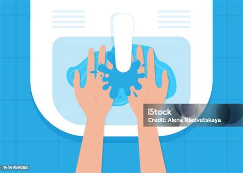 싱크대 위의 물줄기 아래 여자의 손 평면도 싱크대에서 손을 씻는 과정 벡터 그림입니다 손 씻기에 대한 스톡 벡터 아트 및 기타 이미지 Istock