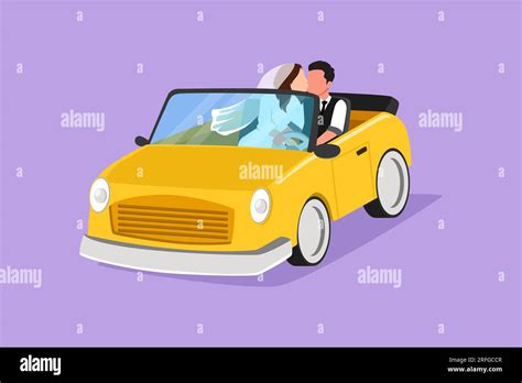 Cartoon Flat Style Drawing Romantic Married Couple Riding Car Going On
