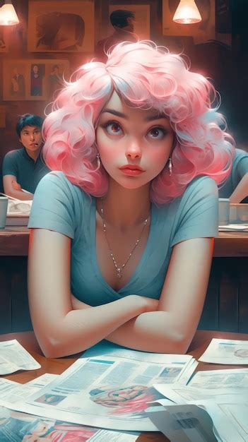 Premium Ai Image Anime Girl With Icy Blue Curly Hair Under Table And