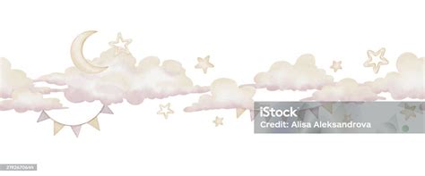 부드러운 구름 별 초승달이 있는 수채화 테두리 베이비 샤워 초대장 생일 카드 또는 보육원 디자인을 위한 이음매 없는 패턴의 그림 어린아이 같은 디자인을 위한 파스텔 프레임