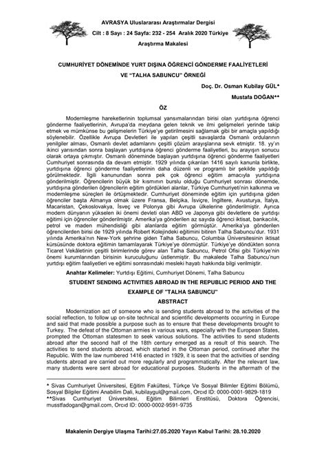 PDF CUMHURİYET DÖNEMİNDE YURT DIŞINA ÖĞRENCİ GÖNDERME FAALİYETLERİ VE TALHA SABUNCU ÖRNEĞİ