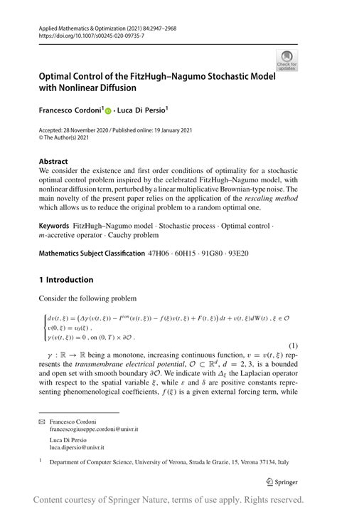 Pdf Optimal Control Of The Fitzhughnagumo Stochastic Model With