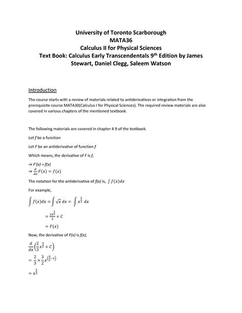 First Lecture Of Calculus II For Physical Sciences University Of Toronto Scarborough MATA