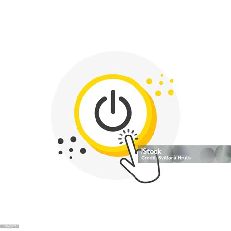 수동 포인터를 클릭하여 노란색 3d 원 버튼에 전원을 공급합니다 흰색 배경입니다 벡터 3차원 형태에 대한 스톡 벡터 아트 및