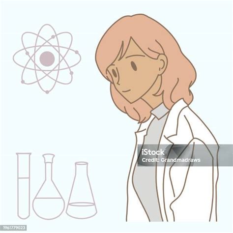 실험복을 입은 여성 화학자 원자 기호 및 실험실 장비 시험관 체적 플라스크 뒤에 손으로 그린 평면 만화 캐릭터 벡터 일러스트