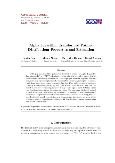 Pdf Alpha Logarithm Transformed Frechet Distribution Properties