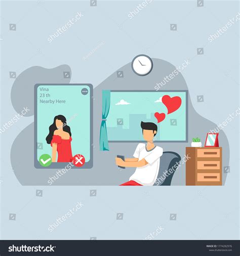 Man Using Online Dating App On เวกเตอร์สต็อก ปลอดค่าลิขสิทธิ์