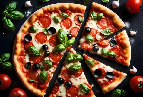 Tasty Pepperoni Pizza And Cooking Ingredients Tomatoes Basil Stock