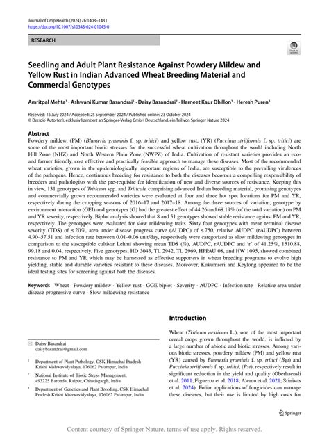 Seedling And Adult Plant Resistance Against Powdery Mildew And Yellow Rust In Indian Advanced