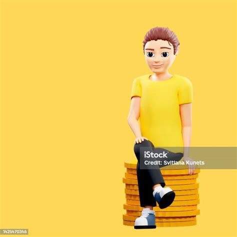 동전 더미에 앉아있는 사람의 래스터 그림 노란 티셔츠를 입은 젊은 남자는 돈을 벌고 급여를 받고 암호 해독 예금에 투자합니다