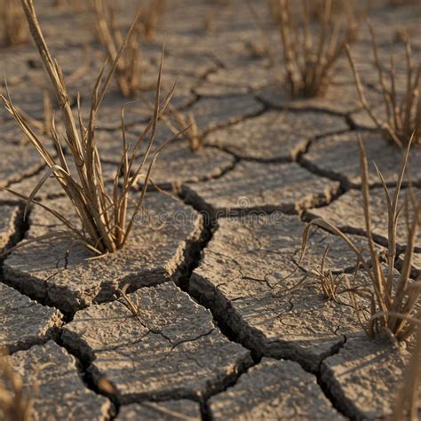 Cracked Dry Earth With Deep Fissures And Sparse Dried Grass Stems