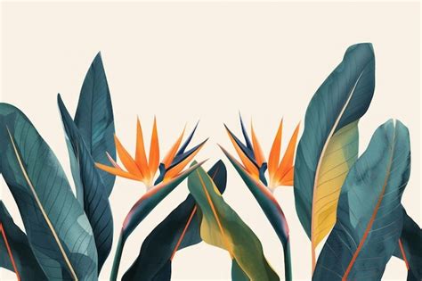 Exotic Tropical Bird Of Paradise Flowers And Leaves Illustration On