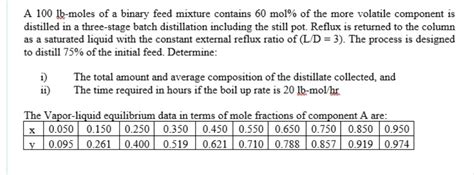Solved A Lb Moles Of A Binary Feed Mixture Contains Chegg