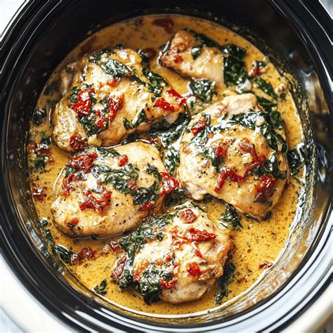 Crockpot Tuscan Garlic Chicken Thighs With Spinach And Sun Dried Tomatoes