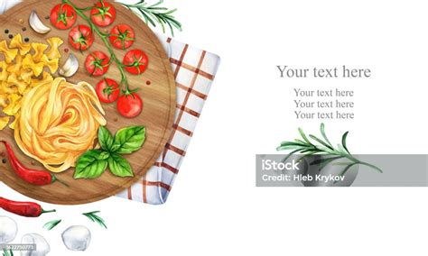 텍스트를 위한 장소가 있는 이탈리아 파스타 배경 수채화 그림 체리 토마토에 대한 스톡 벡터 아트 및 기타 이미지 체리 토마토 파스타 플랫 레이 Istock