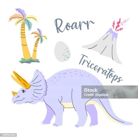 귀여운 공룡은 아이들 패션을 위해 흰색에 벡터로 그려져 있습니다 야자수와 화산 트리케라톱스 0명에 대한 스톡 벡터 아트 및 기타 이미지 Istock