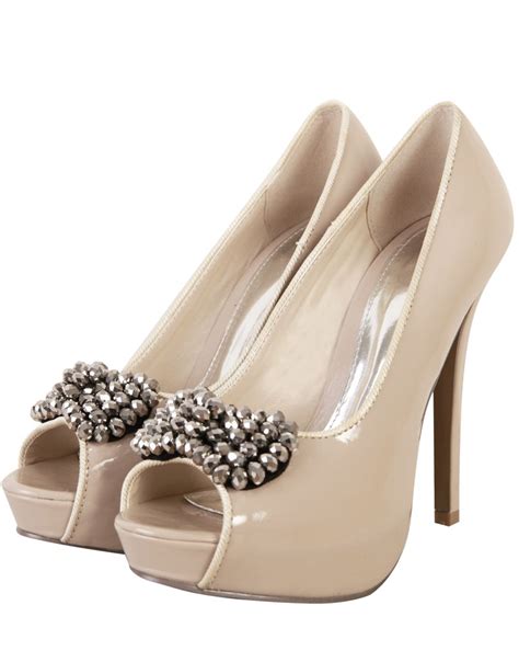Embellished Bow Front Patent Peep Toe High Heel Shoes Nude High Heels
