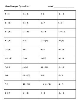 Mixed Integer Operations By Kristy Hughes TPT
