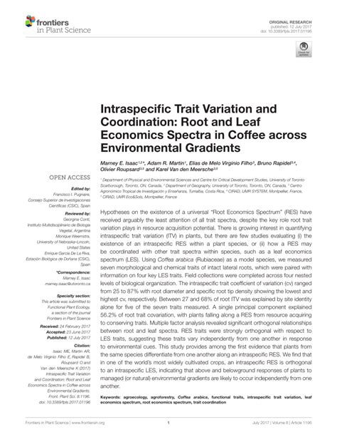 Pdf Intraspecific Trait Variation And Coordination Root And Leaf