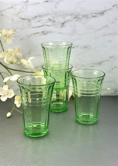 Vintage Set Of Anchor Hocking Co Juice Glasses Green Uranium Glass