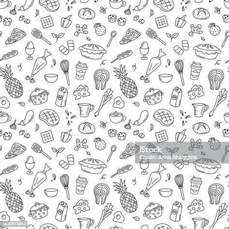 요리 낙서 흑백 원활한 패턴입니다 주방 요소 벡터 배경입니다 귀엽고 반복되는 윤곽선 삽화는 기구 주방용품 음식 식사 재료와 함께 제공됩니다 과일 야채 베이커리 조리기구 가정