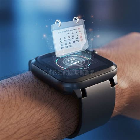 A Smartwatch Displaying A Futuristic Holographic Calendar Above Its