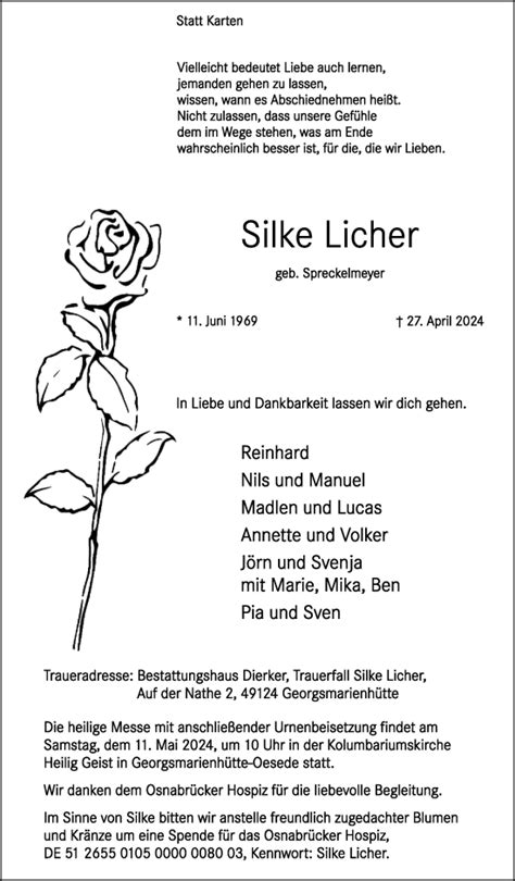 Traueranzeigen Von Silke Licher Noz Trauerportal