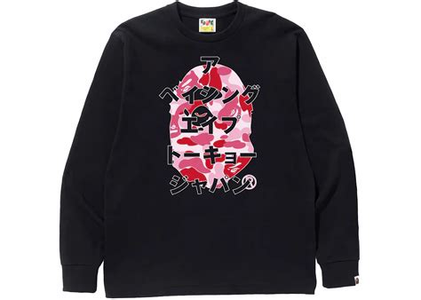 Bape Abc Camo Japanese Letters Long Sleeve Tee Black Pink Mens Ss24 Us