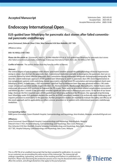 Pdf Eus Guided Laser Lithotripsy For Pancreatic Duct Stones After Failed Conventional