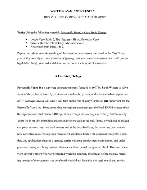 Written Assignment Human Resource Management Unit 4 Written Assignment Unit 5 Bus 5511 Human