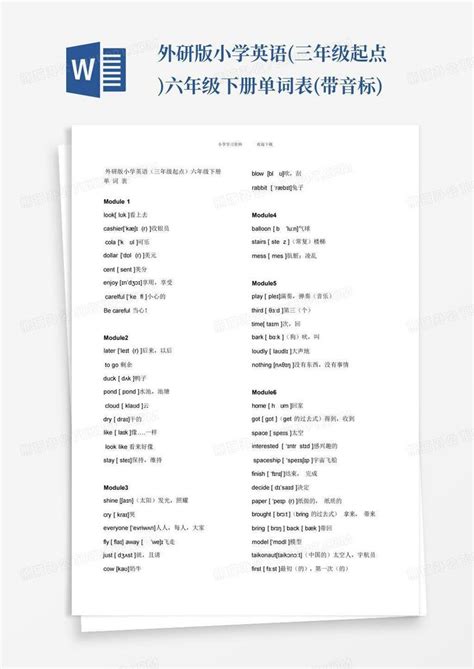 外研版小学英语三年级起点六年级下册单词表带音标word模板下载编号qvkonavr熊猫办公